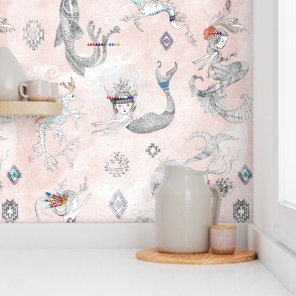 Mermaid Wallpaper Boho Maids Dragons by Nouveau Bohemian - Etsy