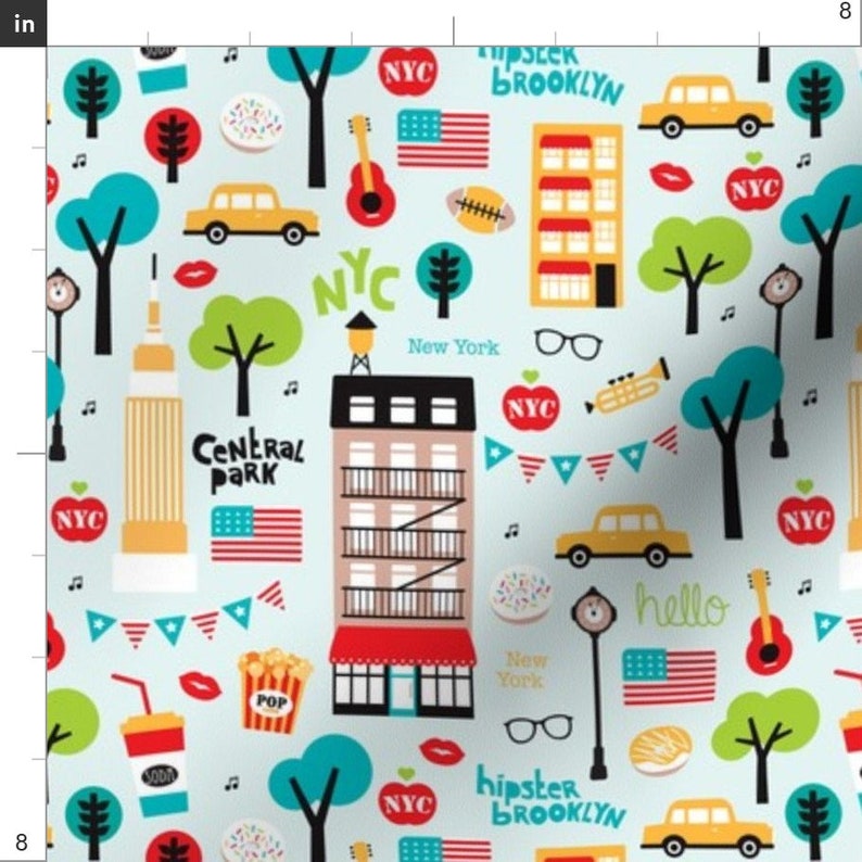 New York Fabric New York City Icons Illustration Manhattan - Etsy