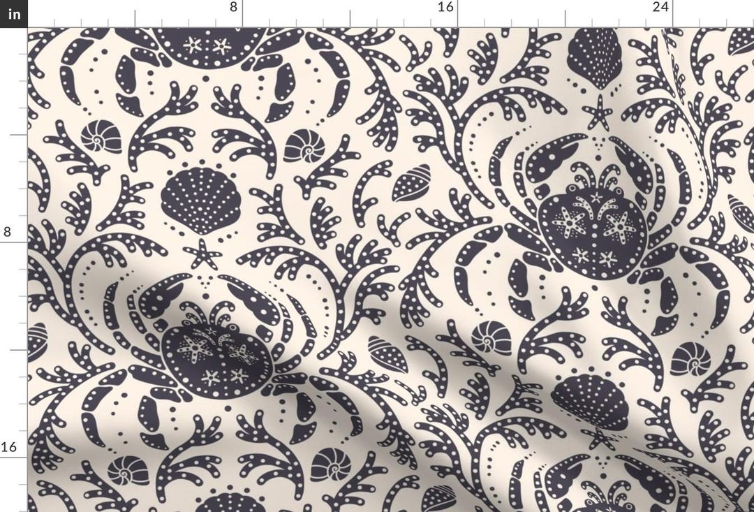 Coastal Crab Fabric - Blue Crab by Monimoon - Seashell Navy Cream ...