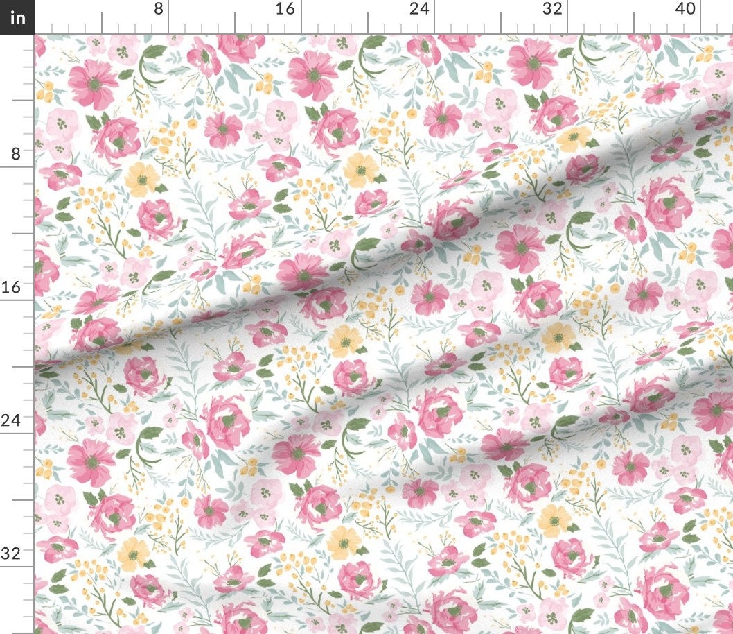 Pink Yellow Spring Floral Fabric Young Meadow Floral by - Etsy