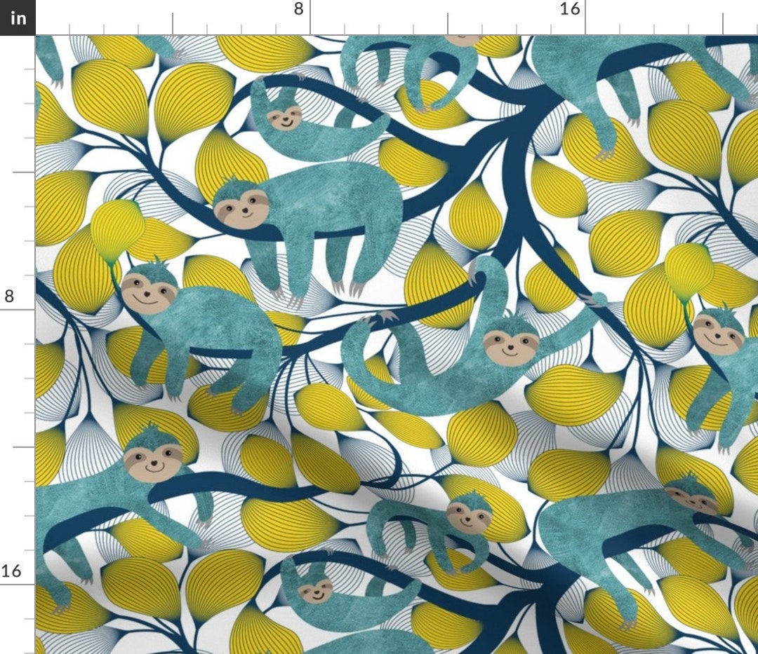 Blue Sloth Yellow Leaves Fabric Sloths in Action by Vo Aka Virginiao ...