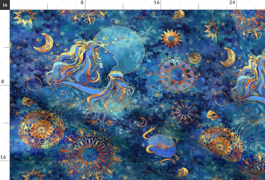 Celestial Watercolor Apparel Fabric - Blue Moon by Designed_by_debby ...