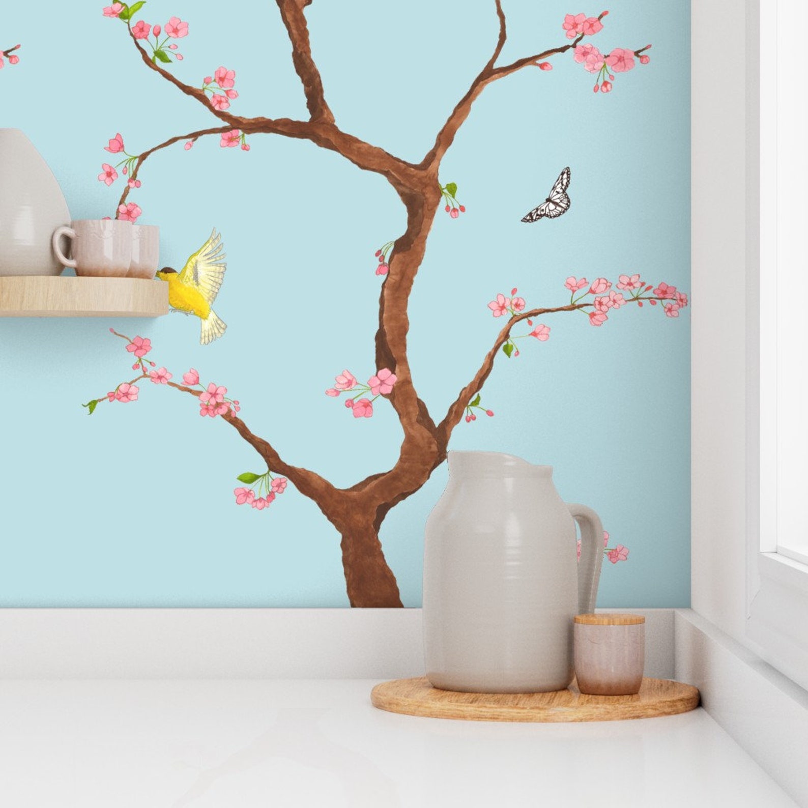 Chinoiserie Wallpaper Jenny Cherry Blossoms on Light Blue by - Etsy