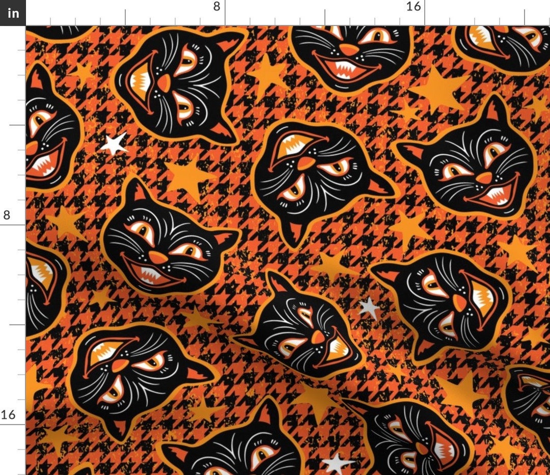 Scary Cats Fabric Halloween Cats and Houndstooth by Mariafaithgarcia Vintage Halloween Orange ...