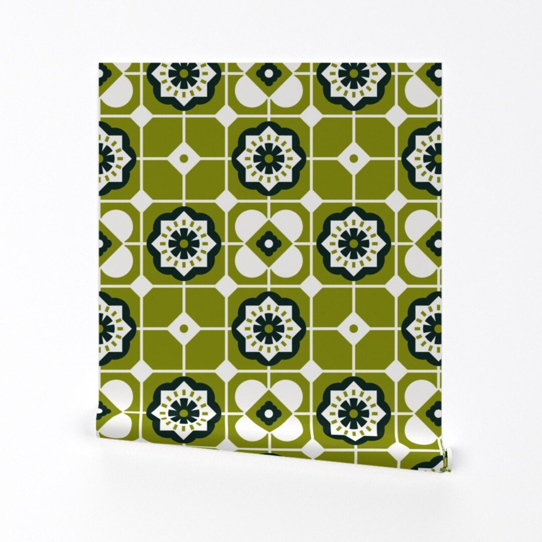 Green Retro Geo Wallpaper Mid Century Tiles by Simplulina - Etsy