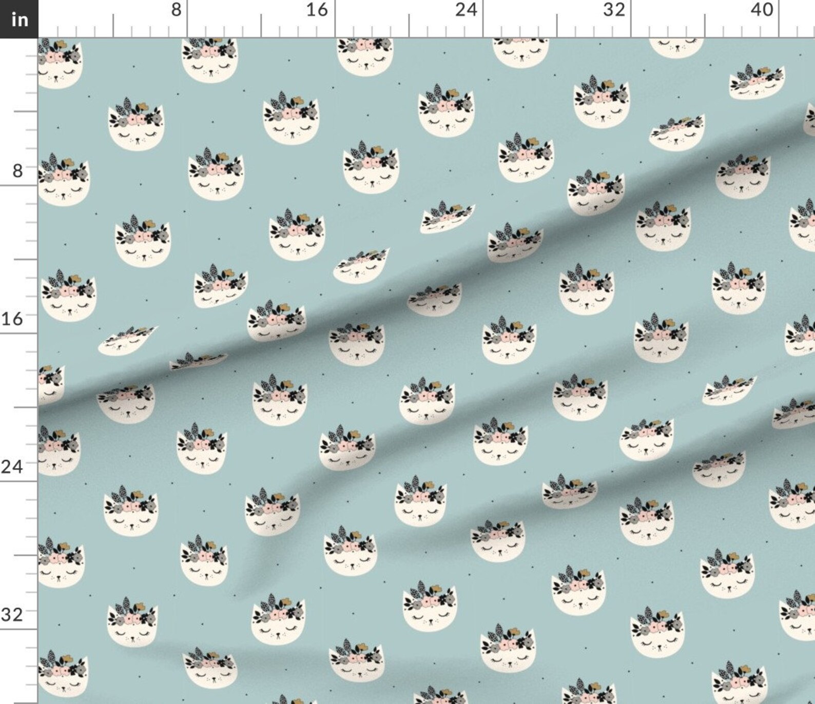 Cat Blue Floral Nursery Animals Fabric Cat Blossom Dusty - Etsy