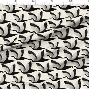 Stork Black Abstract Birds Fabric Storks on Linen by Vo Aka Virginiao ...