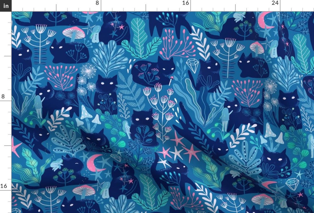 Cats Blue Astrological Fabric - Meowgical Friends - Anya Misha Cat. by ...
