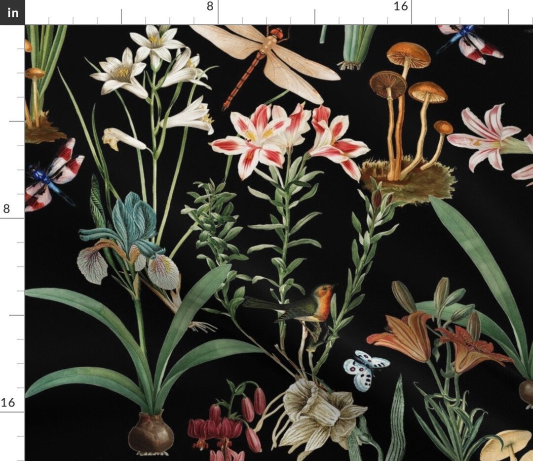 Dark Garden Fabric Dragonfly Garden Black by Thistleandfox Dragonfly ...