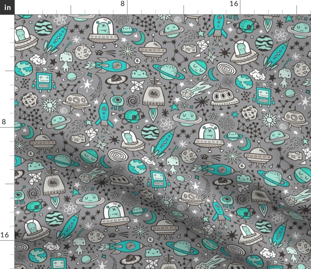 Space Fabric space Galaxy Universe Doodle Mint Green on Dark Grey by ...