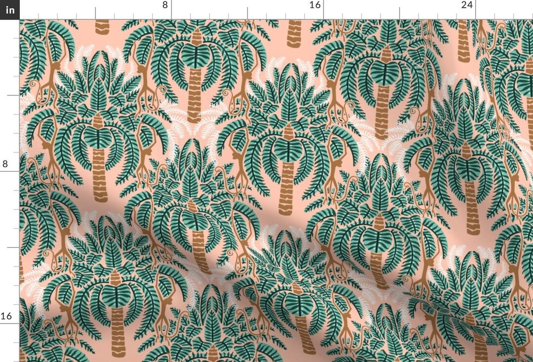 Palm Trees Tropical Pink Green Forest Fabric Palm Trees And Monkeys By ...
