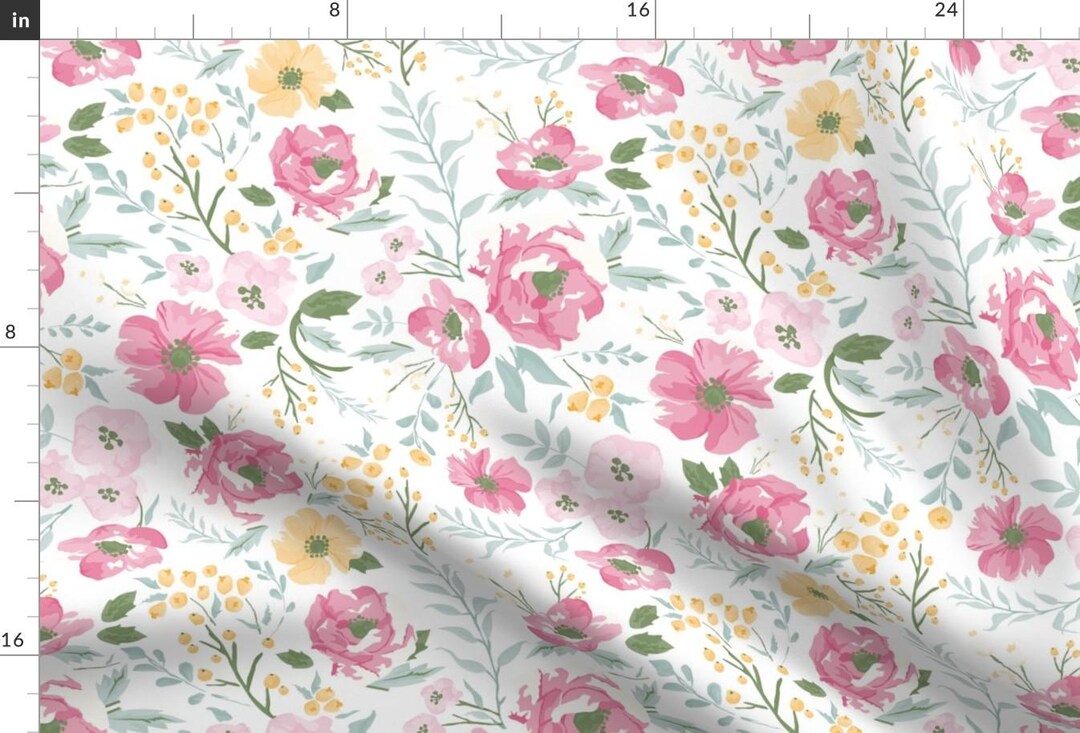 Pink + Yellow Spring Floral Fabric - Young Meadow Floral by ...