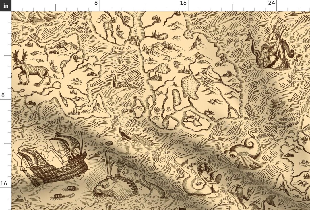 Vintage Sea Map Fabric - Map by Svetlana Prikhnenko - Illustrated ...