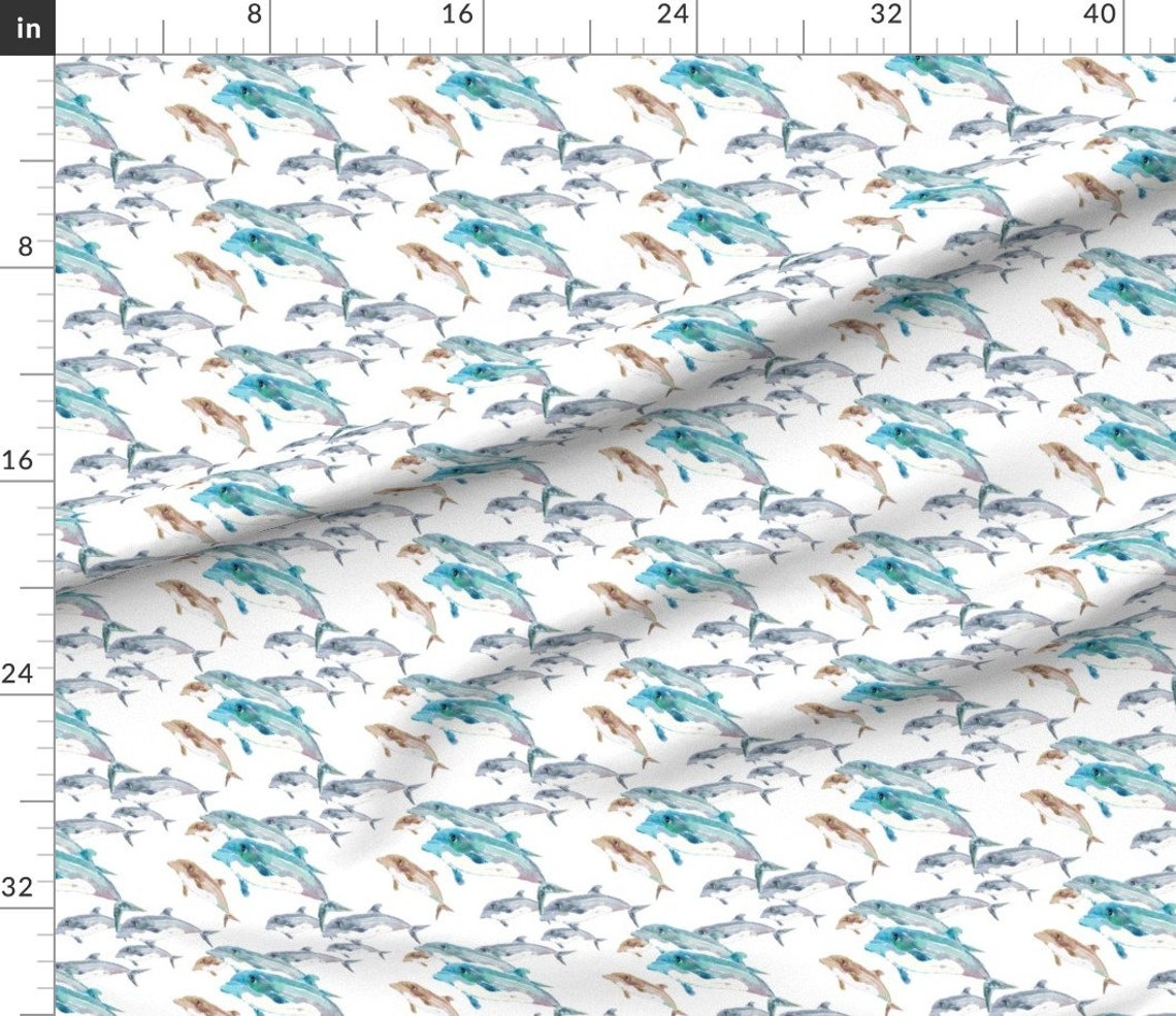 Watercolor Dolphin Fabric Blue Dolphins Swim by Lillyarts - Etsy