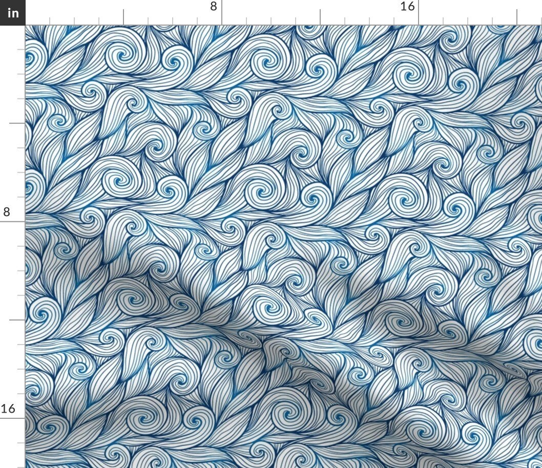 Blue Swirls Fabric Blue Curly Waves By Art Of Sun Blue | Etsy