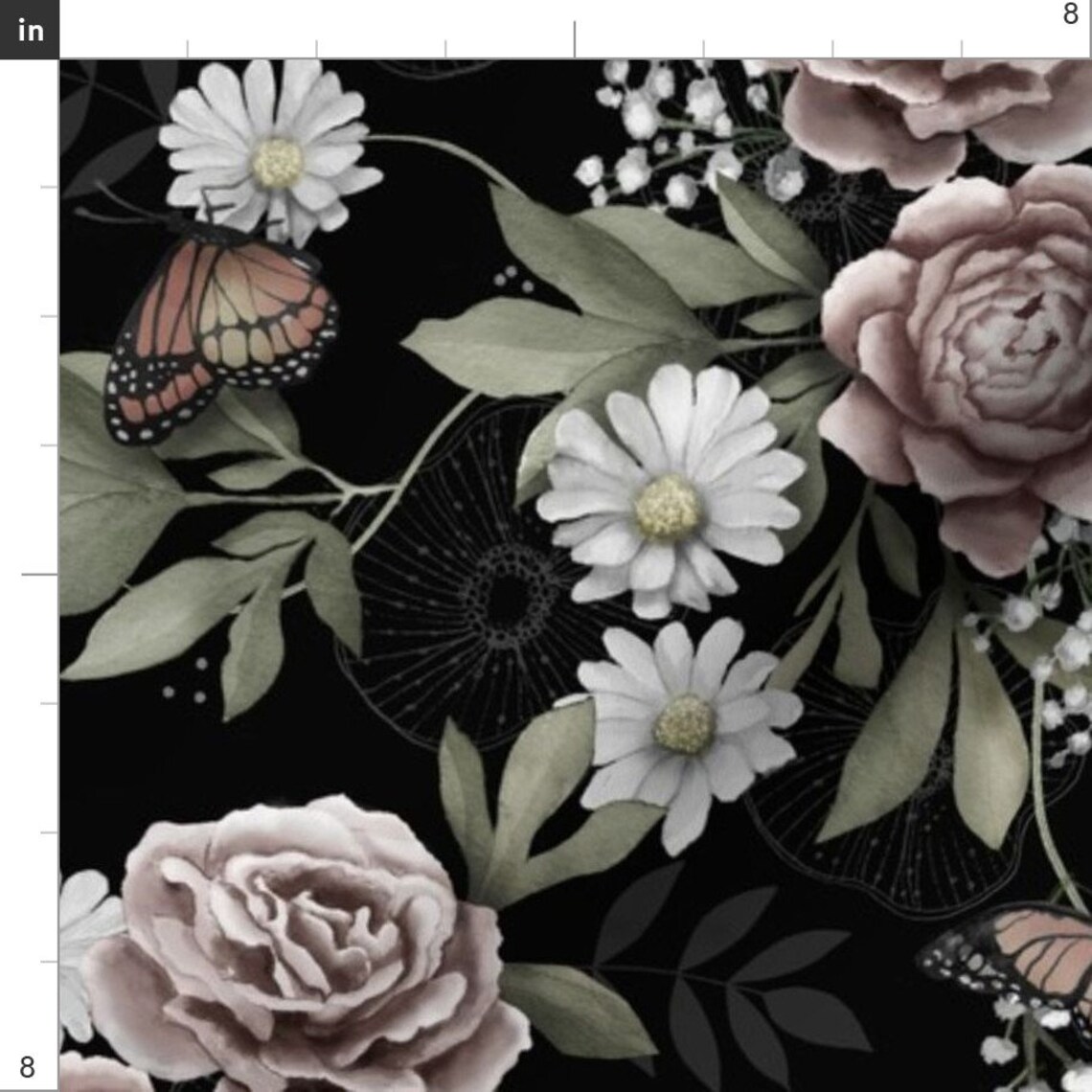 Muted Gray Floral Pattern Fabric Moody Florals by Whimsical | Etsy
