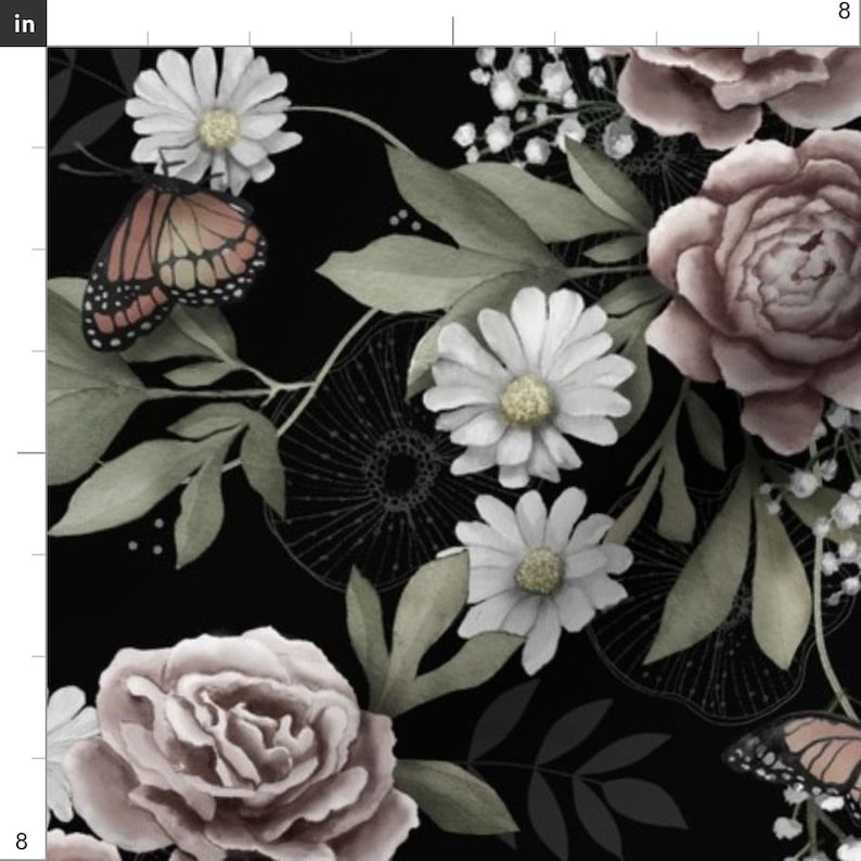 Muted Gray Floral Pattern Fabric Moody Florals by Whimsical | Etsy