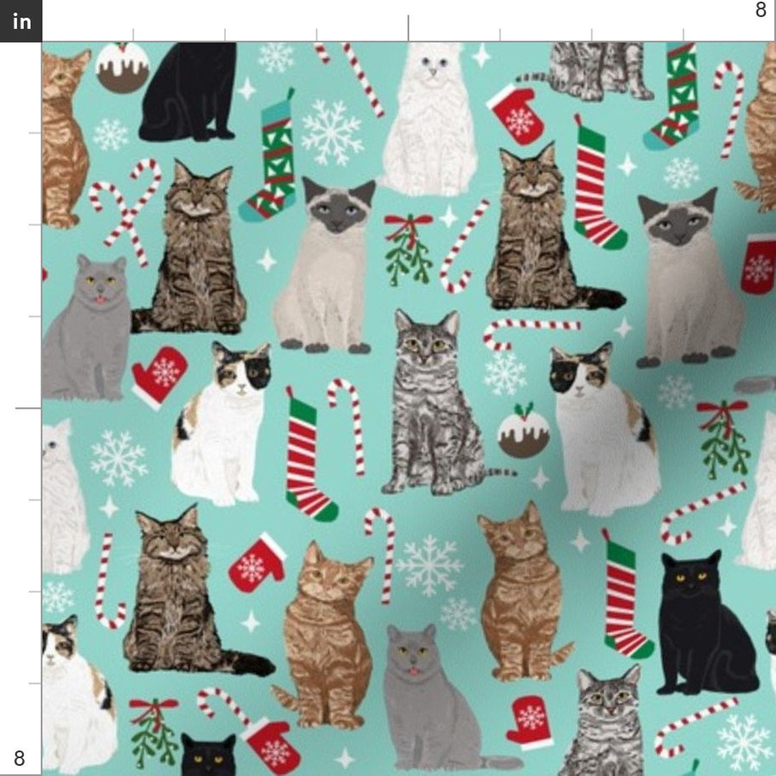 Cat Fabric Christmas Cat Fabric Pattern Candy Cane Stocking | Etsy