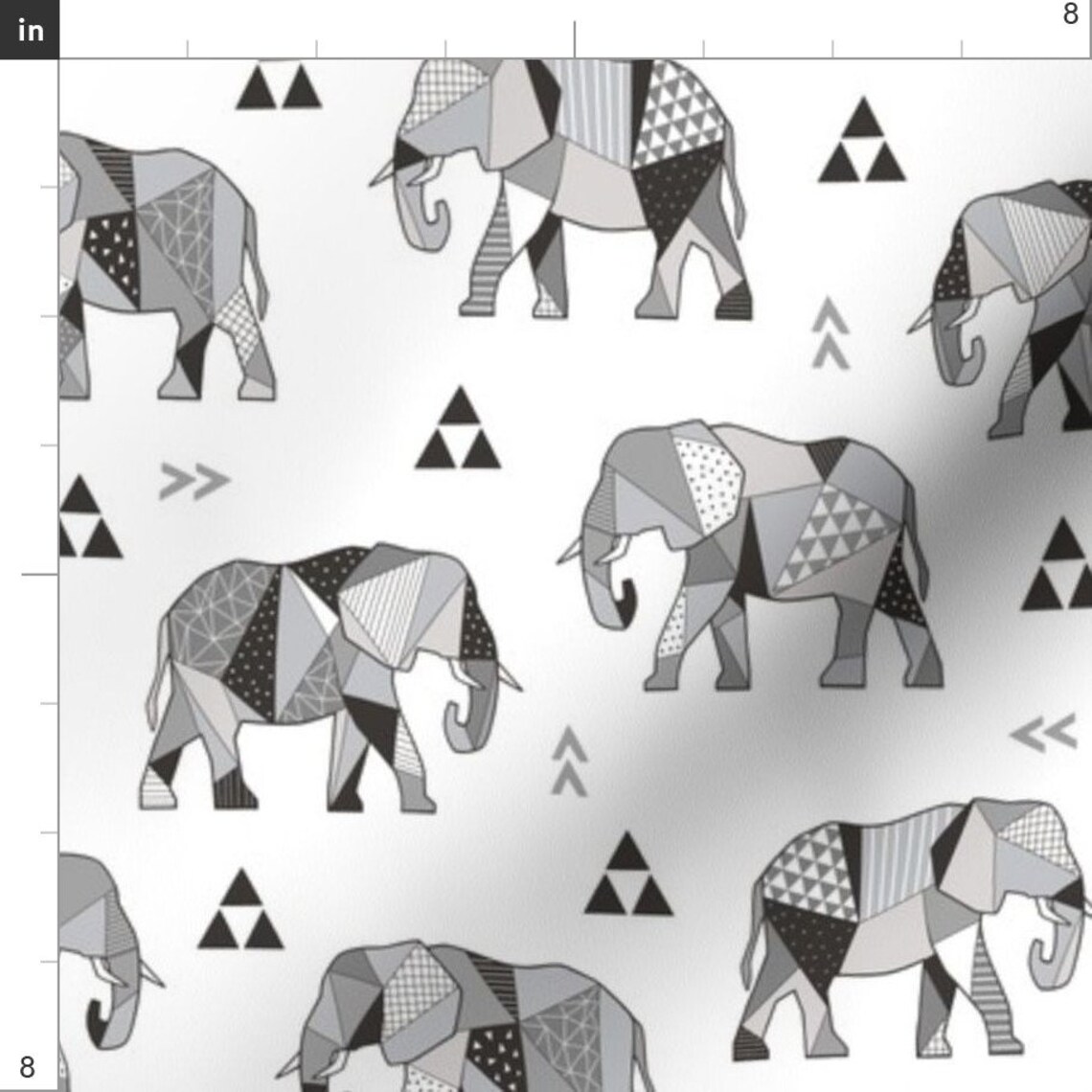 Elephant Fabric Elephants Geometric With Triangles Black - Etsy