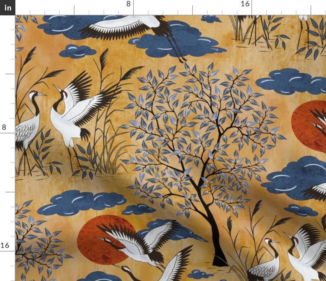 Crane Chinoiserie Fabric Crane and Golden Sun by Martaroseart Elegant ...
