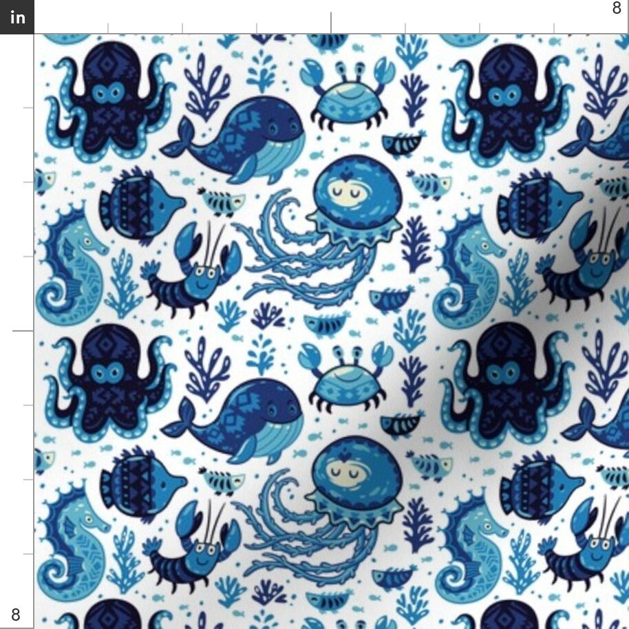 Blue and White Nautical Fabric Ocean Life By Penguinhouse | Etsy