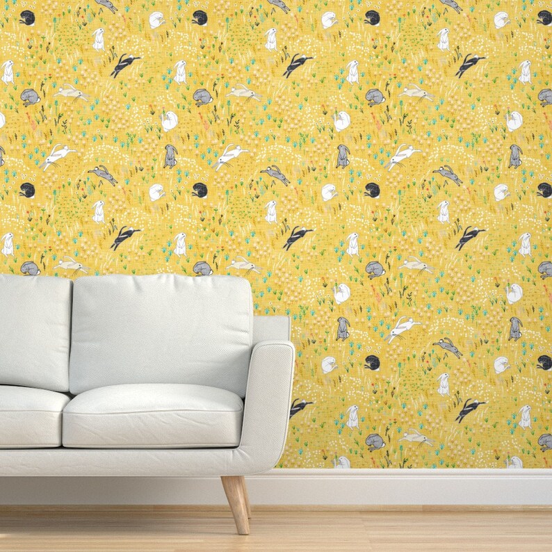 Rabbit Wallpaper Bunny Field Yellow by Nouveau Bohemian - Etsy