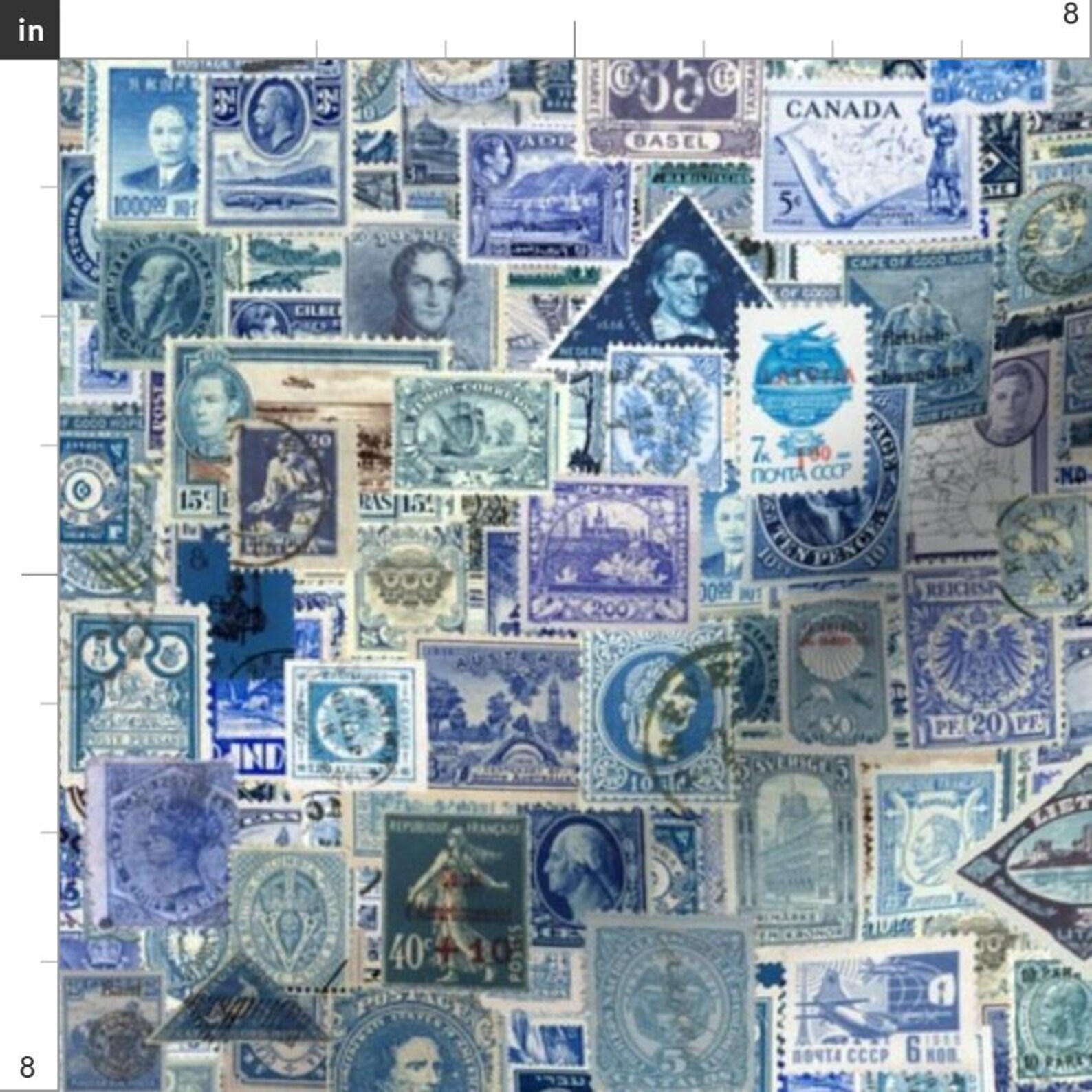 Blue Stamp Collage Fabric - Blue Postage Stamp Collage, Seamless Repeat ...