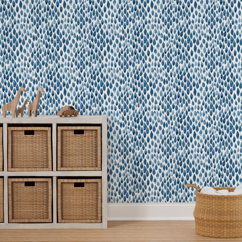 Indigo Wallpaper Rain Drops Watercolor by Paperbrush Blue - Etsy