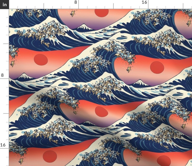 Pug Ocean Waves Japan Fabric the Great Wave of Pugs by | Etsy