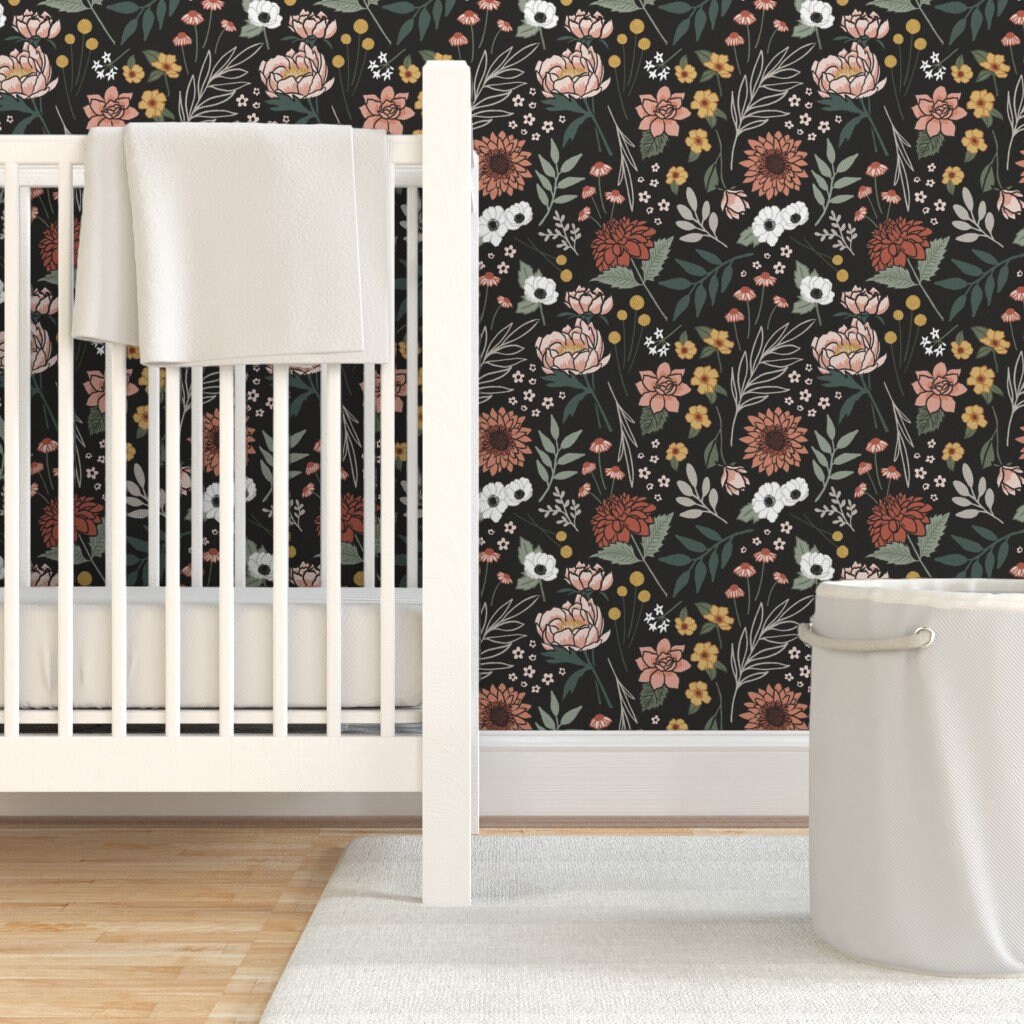 Boho Floral Wallpaper Boho Floral on Black by Devondesignco | Etsy