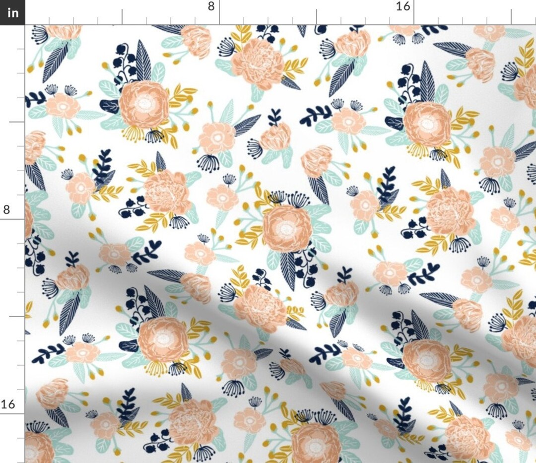 Floral Fabric Peach Navy Blue Mint Flowers Painted Painted - Etsy