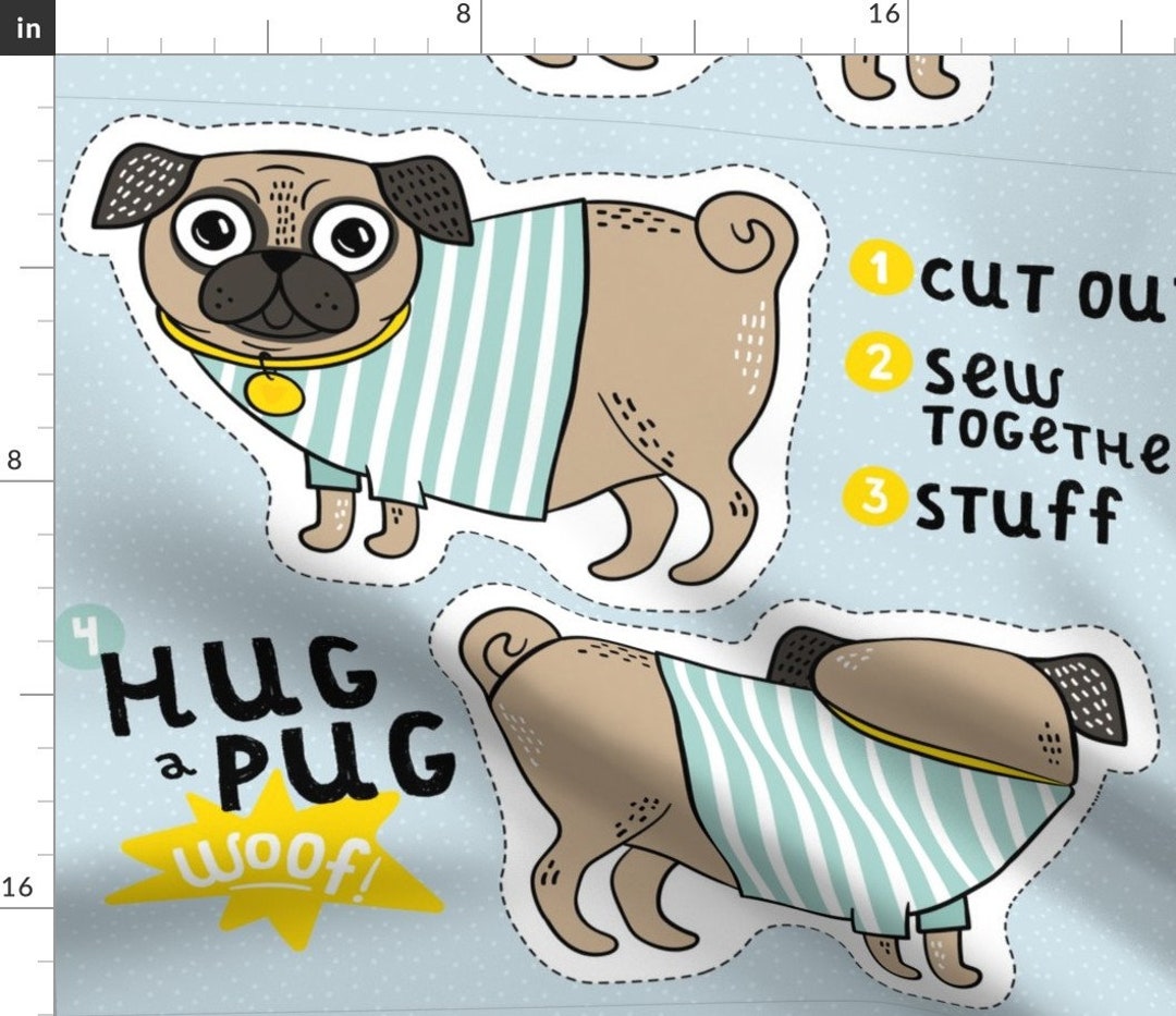Cut and Sew Blue Pugs Fabric - Hug A Pug by Hala Kobrynska - Cut and ...