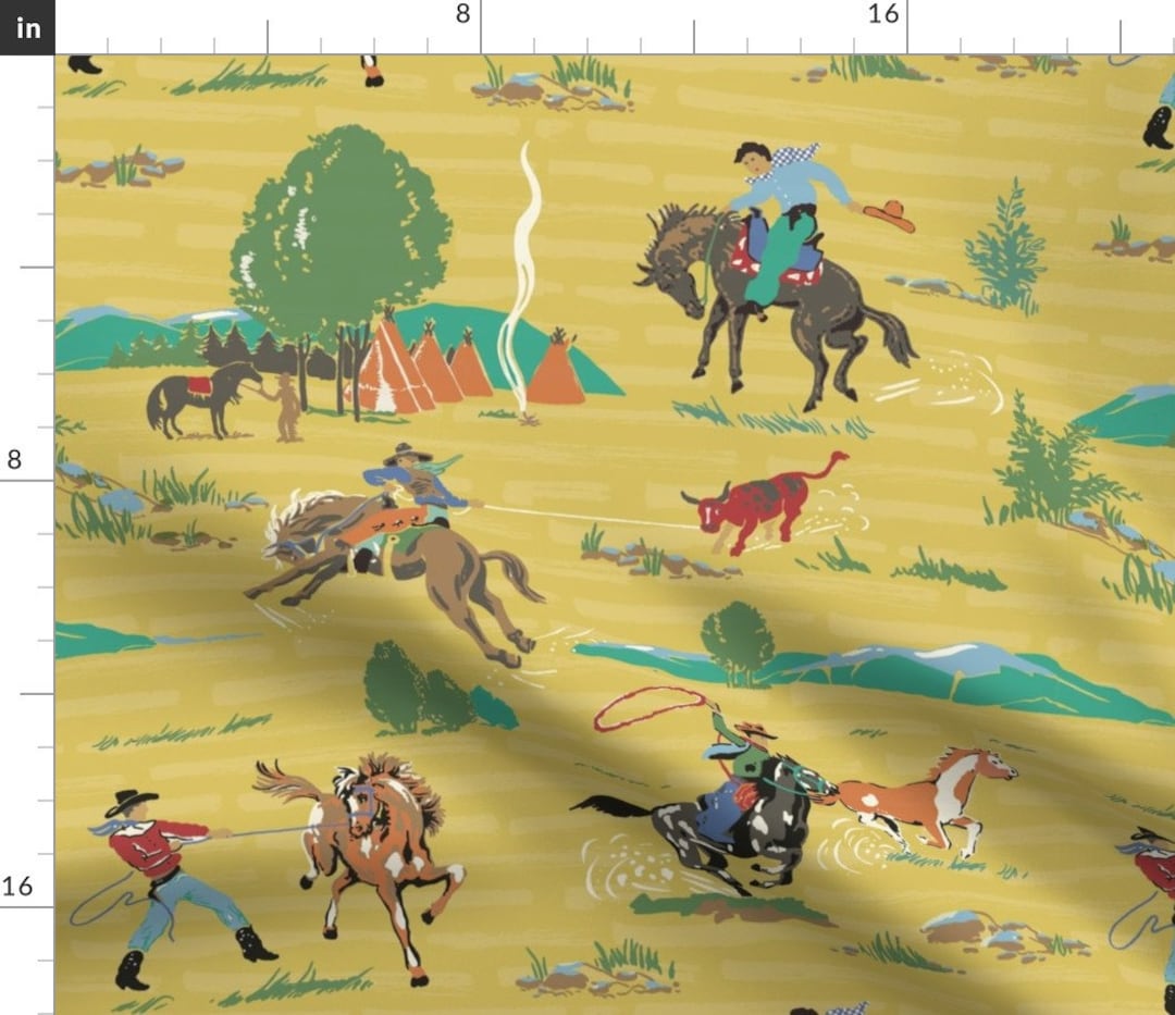 Western Fabric Cowboys on Yellow by Ponymacaroni Cowboy Rustic Horses ...