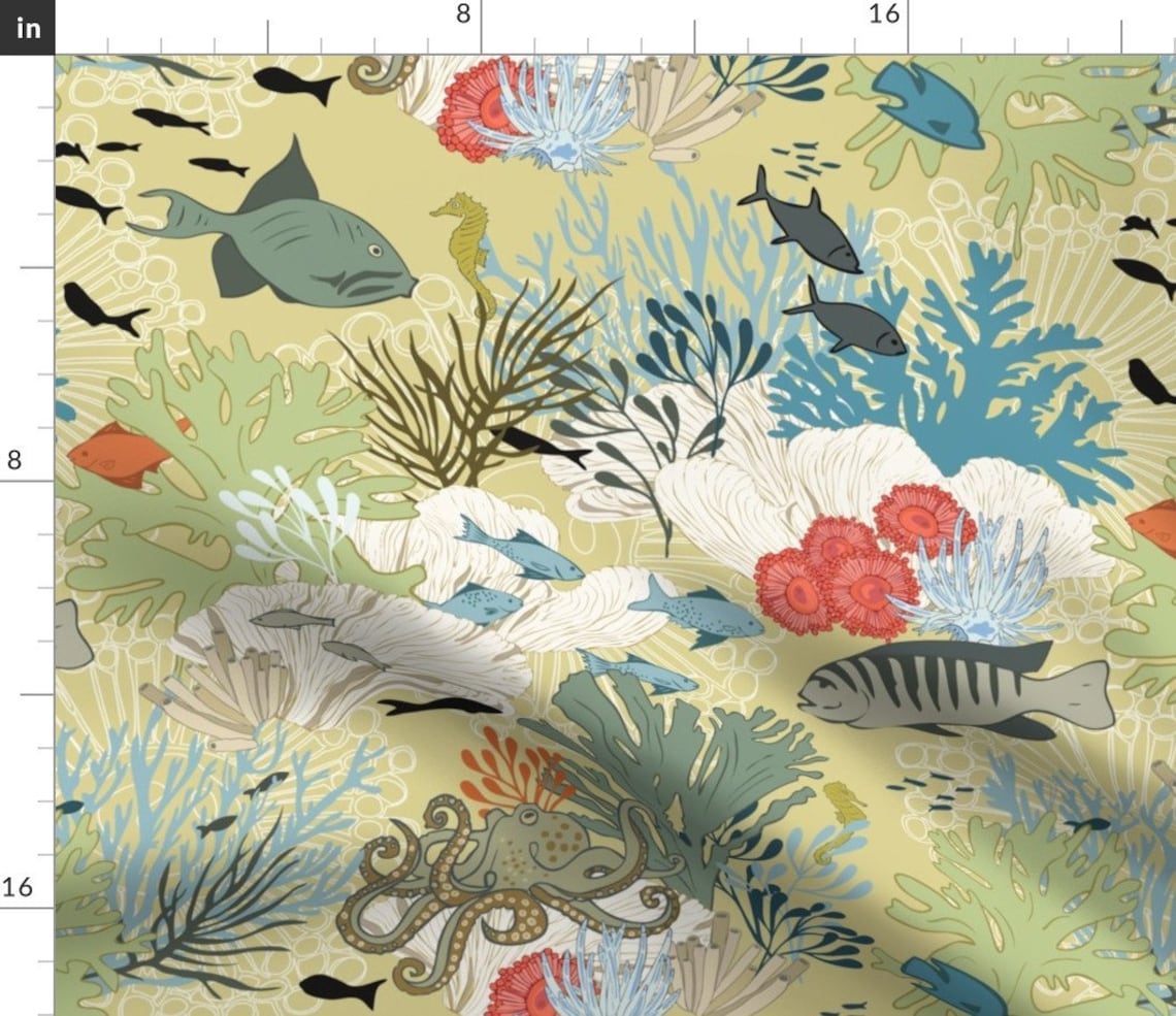 Ocean Life Fabric Coral Reef Straw Yellow by - Etsy