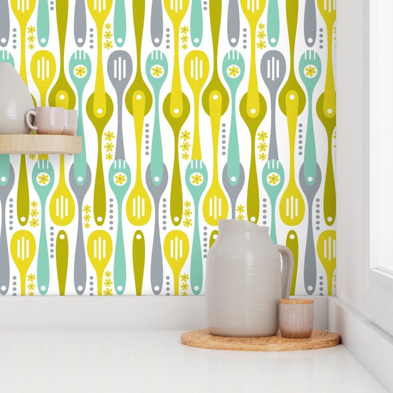 Spoons Wallpaper Kitchenette Yellow Spoon by Heatherdutton - Etsy