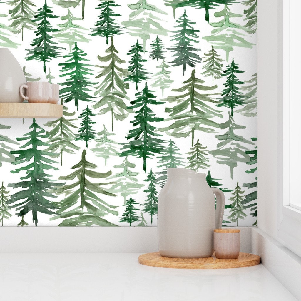 Woodland Pines Wallpaper Rustic Forest Trees White by - Etsy