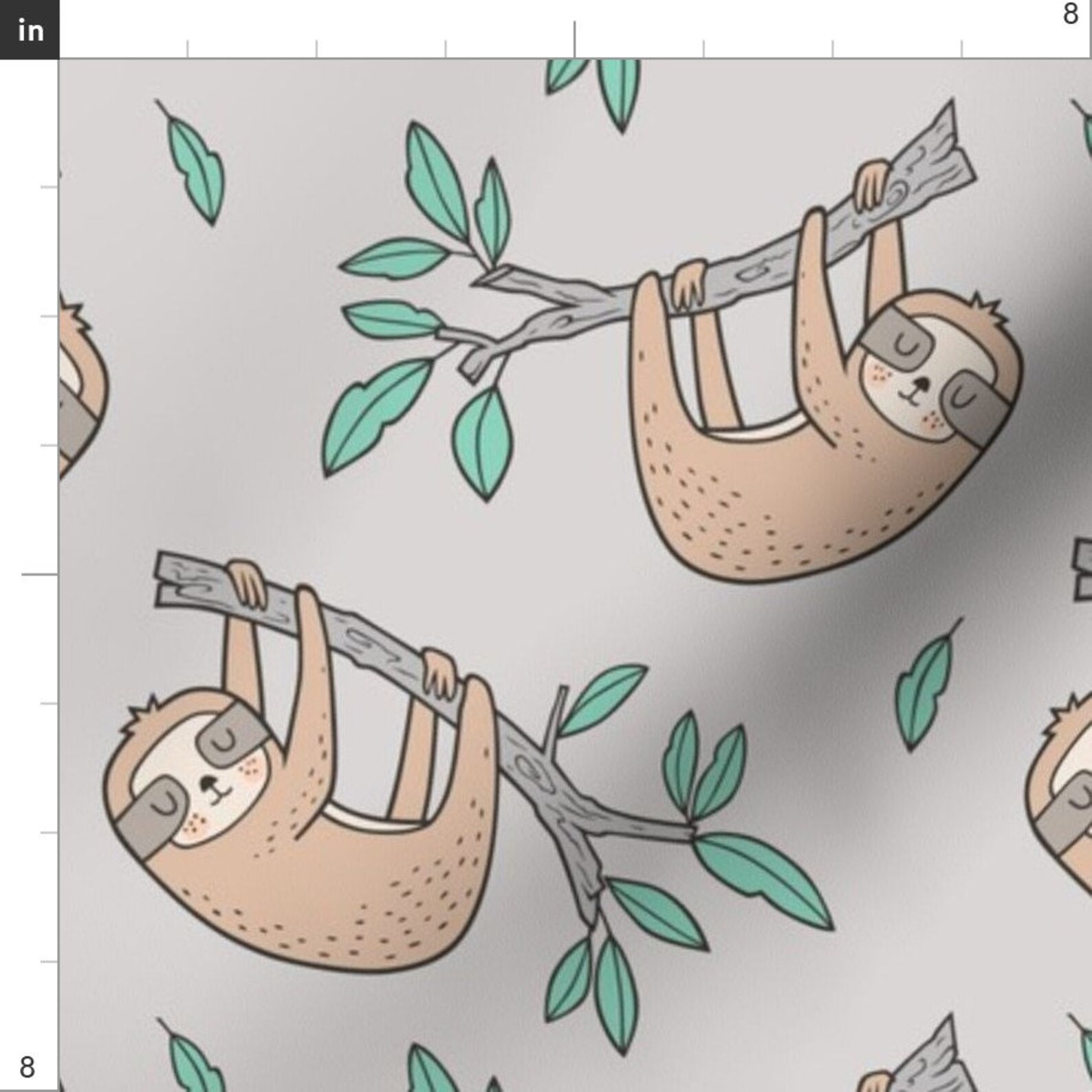 Sloth Fabric Sloths on Tree Branch With Leaves on Light Grey | Etsy