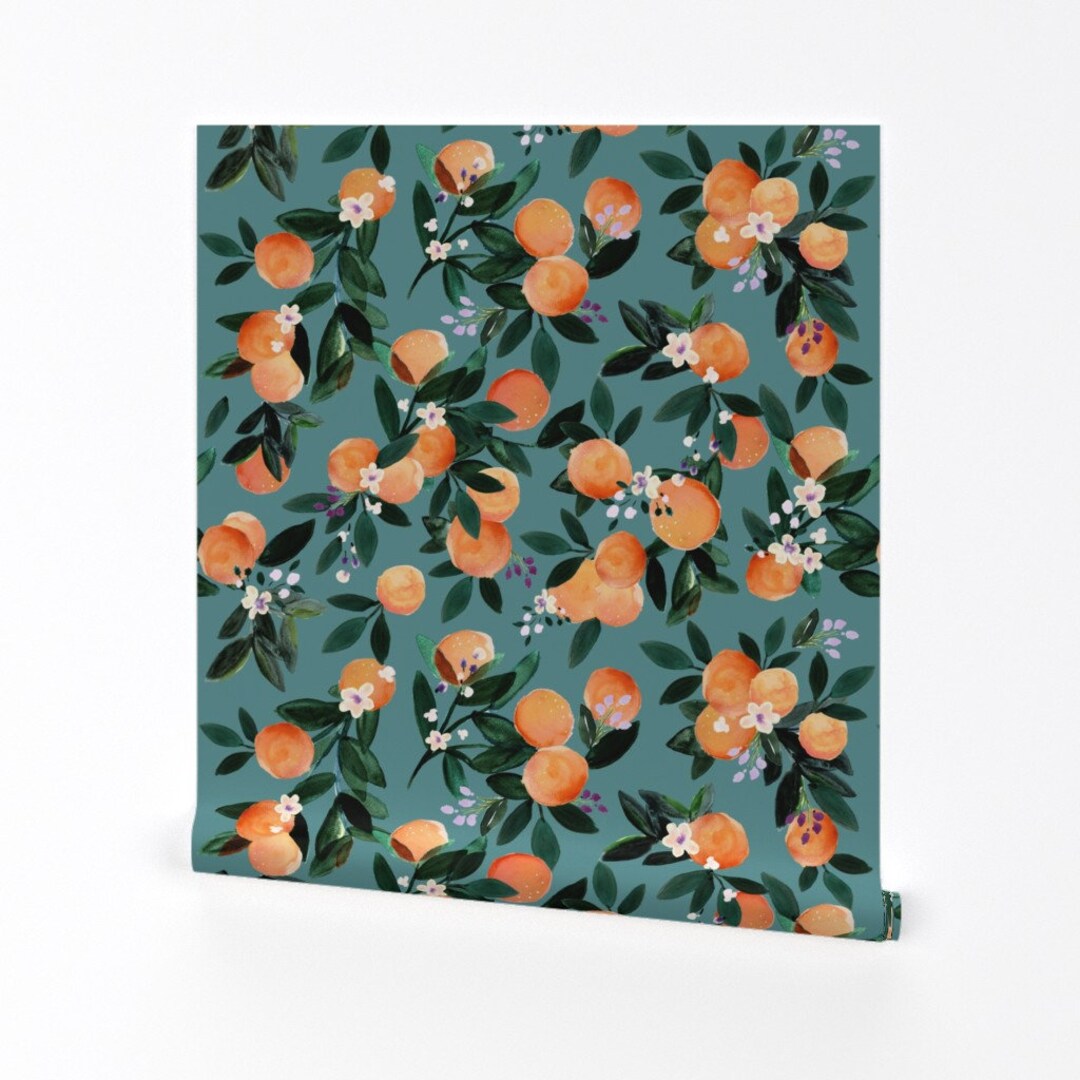 Citrus Wallpaper Dear Clementine Oranges Teal by Crystal Walen Custom Printed Removable Self ...