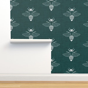 Honeybees on Teal Wallpaper Bees Large Scale by - Etsy