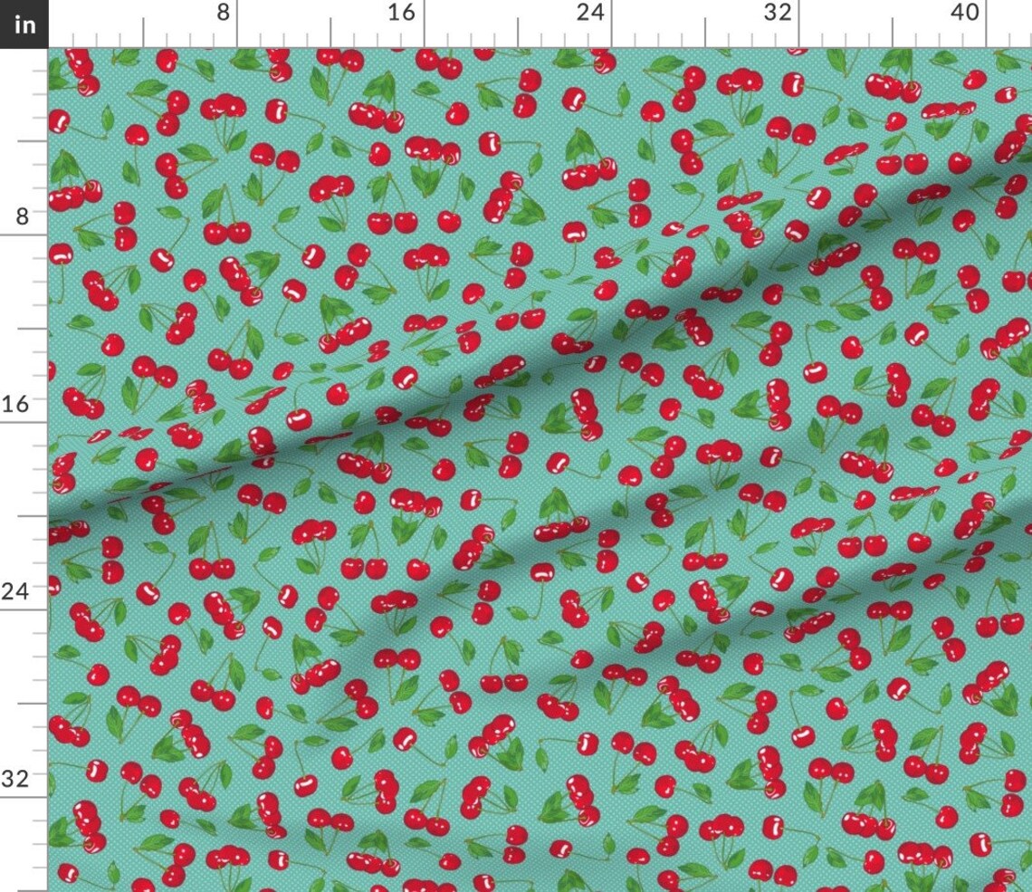 Blue Retro Cherry Fabric Very Cherry Aqua by Juliesfabrics - Etsy