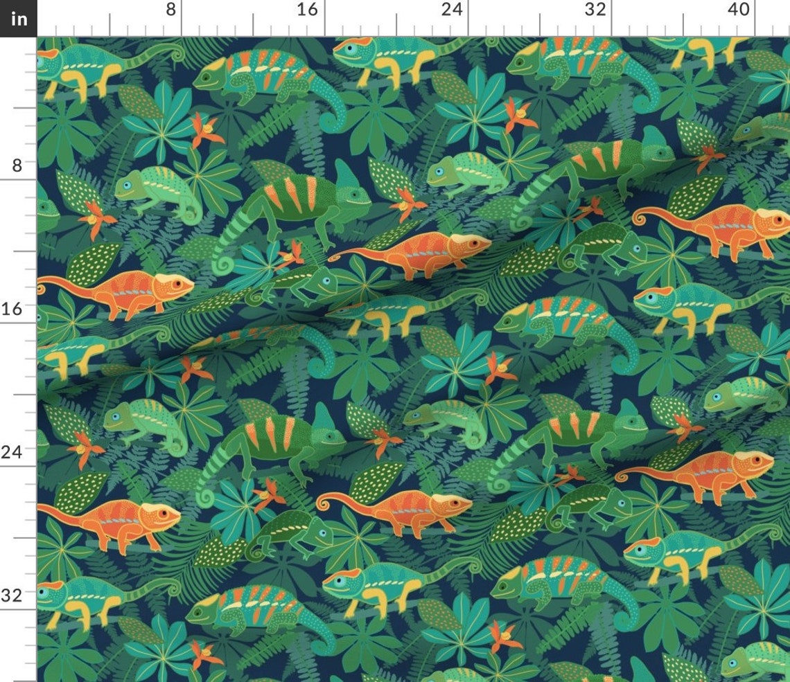 Chameleons Fabric Chameleons in Jungle by Nadyabasos Blue - Etsy