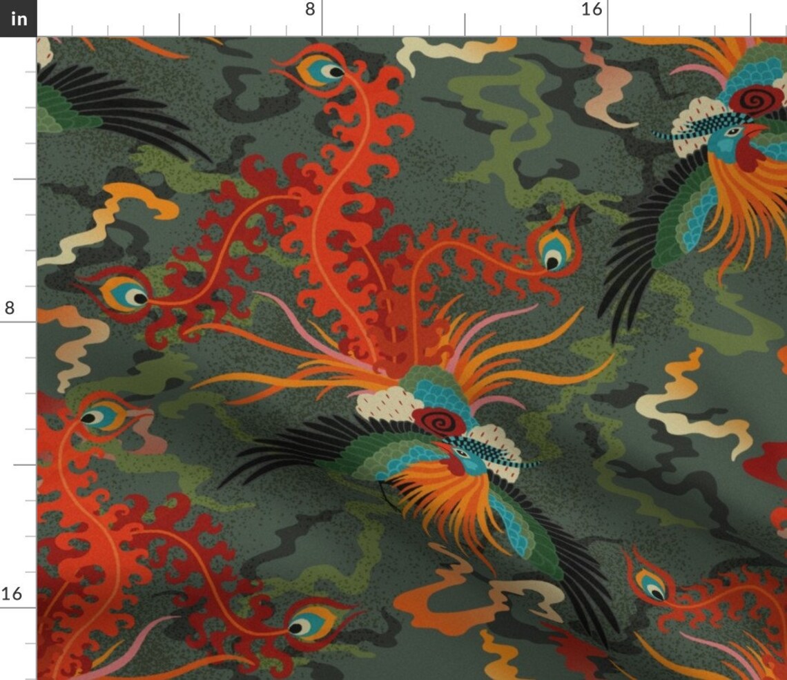 Pheonix Bird Fabric Phoenix by Dessineo Olive Red Orange - Etsy
