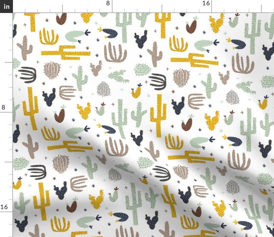 Cactus Fabric Cactus By Laurawrightstudio Mint and Mustard | Etsy