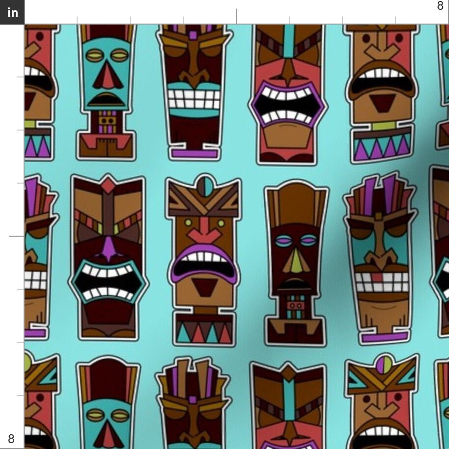Tiki Fabric Tiki Party Blue Polynesian Hawaiian Tropical | Etsy