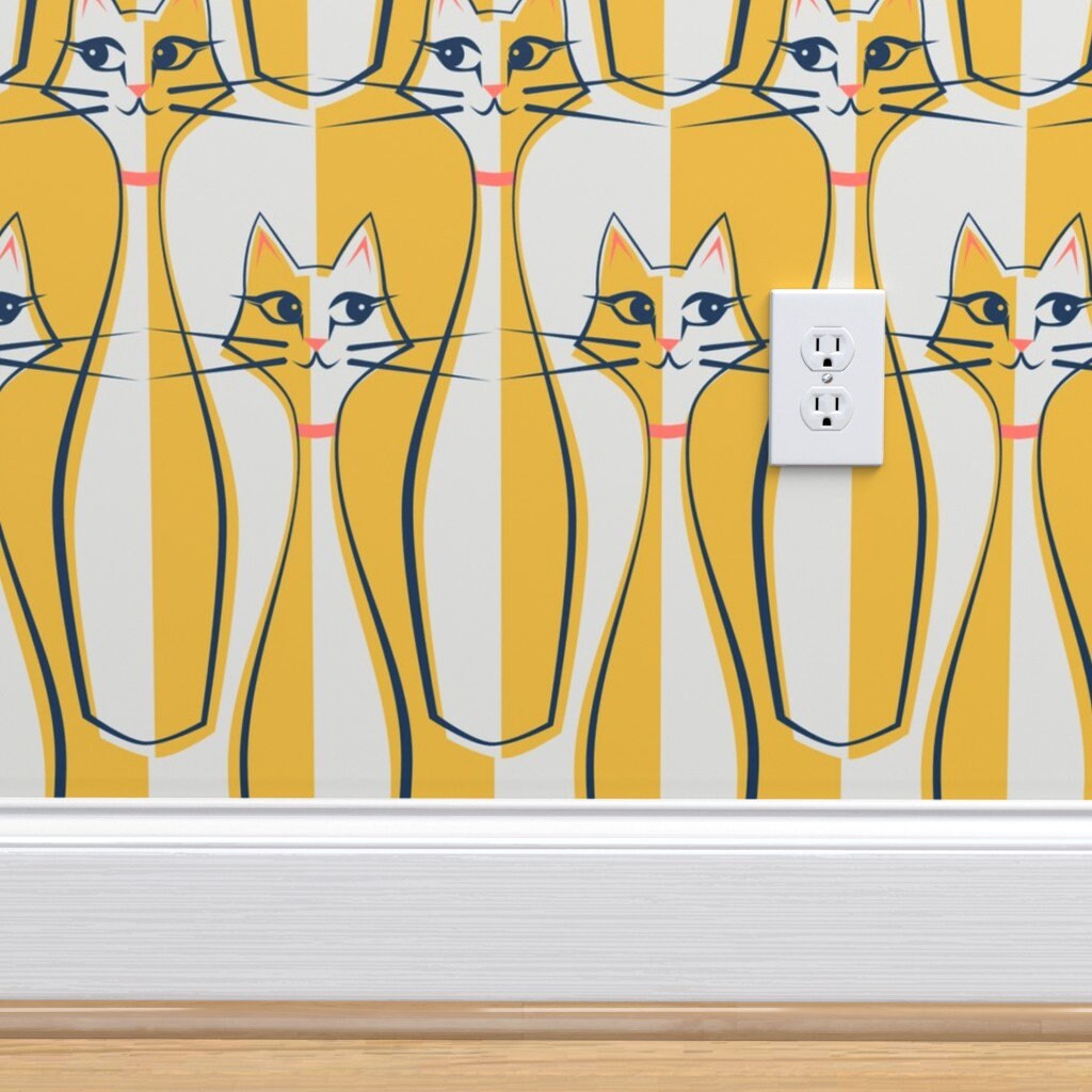 Cat Wallpaper Mod Meow By Studioxtine Yellow Gray Retro | Etsy