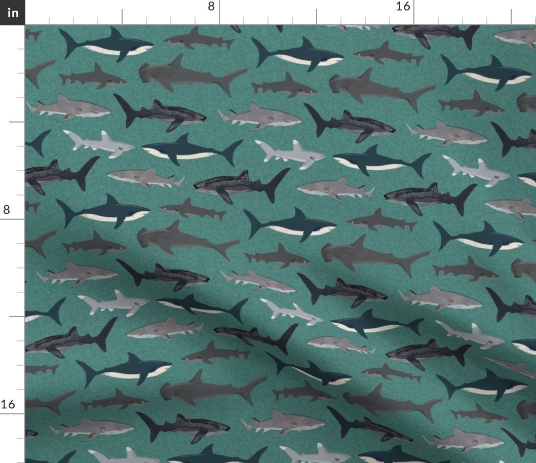 Shark Fabric Nautical Sharks by Andrea Lauren Teal Green - Etsy