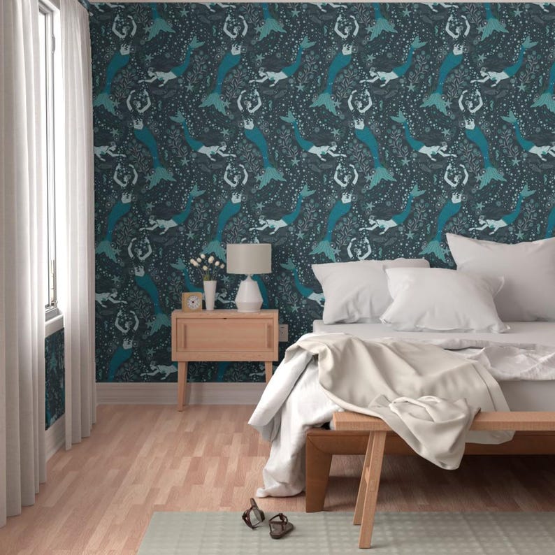 Teal Mermaids Removable Peel and Stick Wallpaper - Turquoise Bubbles ...
