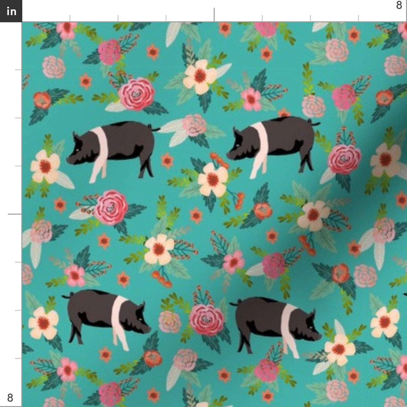 Pig Fabric Hampshire Pig Floral Fabric Simple Layout - Etsy