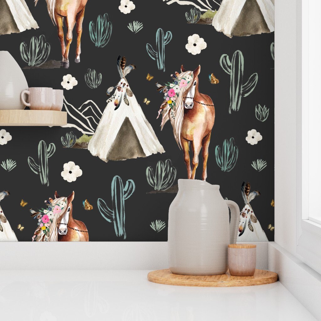 Boho Wallpaper 8 Spring Boho Floral Horse Dark Gray by - Etsy