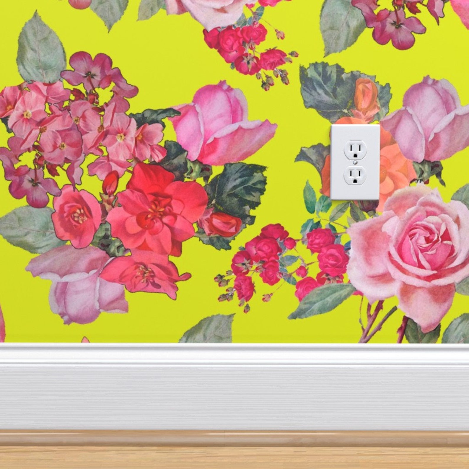 Floral Wallpaper Vintage Roses Chartreuse by Theartwerks | Etsy